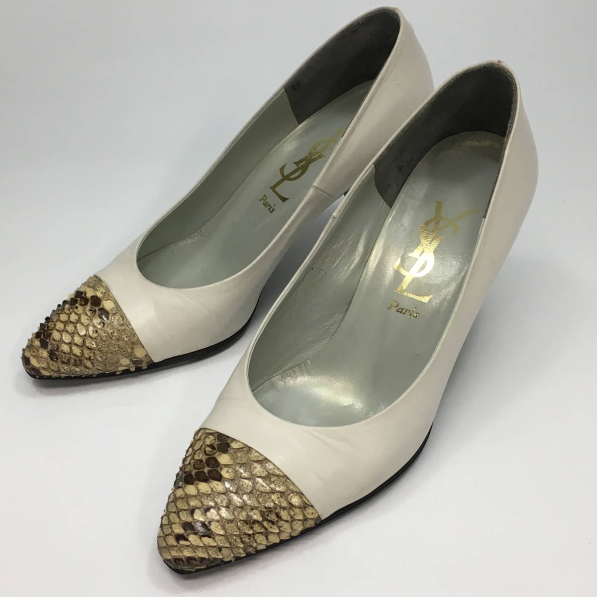 A1-127 YSL ピンヒール パンプス 34 約21cm / レザー ホワイト パイソン ベージュ / レディース 靴 シューズ イヴ ...