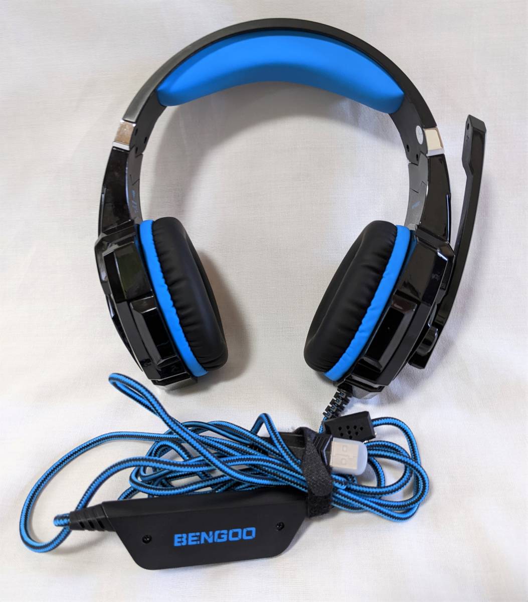1円出品 BENGOO ゲーミングヘッドセット blue 高精度マイク付き 有線 ヘッドホン 騒音抑制 密閉型 重低音 LEDライト ...