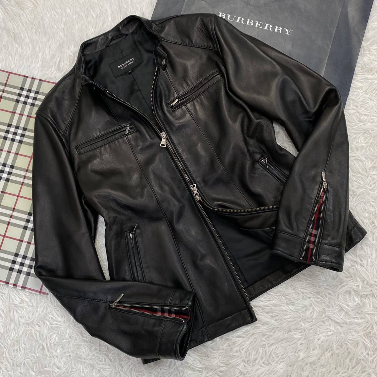 超 本革 ラム レザー バーバリーブラックレーベル ノバチェック柄 羊革 レザー ジャケット ライダース M BURBERRY(ジャケット、上着)｜売買されたオークション情報、yahooの商品 ...