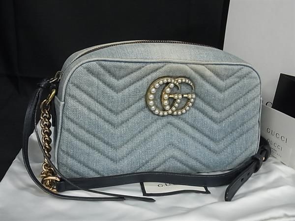 1円 GUCCI グッチ 447682 GGマーモント デニム×レザー チェーン ショルダーバッグ クロスボディ レディース ライトブルー系 ...
