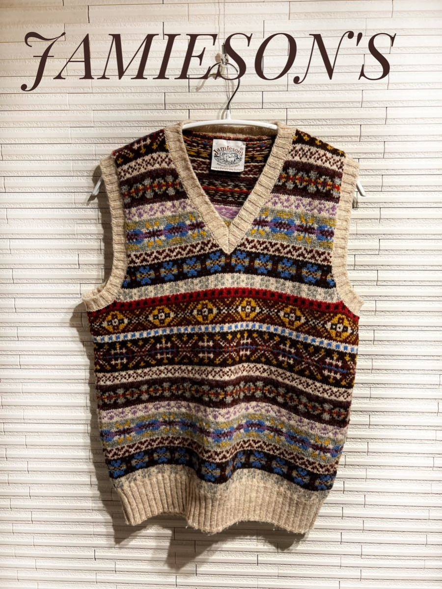 モデル 1スタ JAMIESON'S ジャミーソンズ 総柄ベスト スコットランド製 フェアアイル柄 Jamieson 1円スタート 1円出品 ...