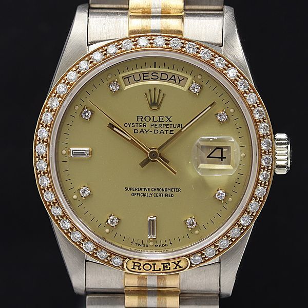 1円 稼働 良品 ロレックス デイデイト 18129 8831786 AT/自動巻 18K/750 ダイヤベゼル メンズ腕時計 OGH ...