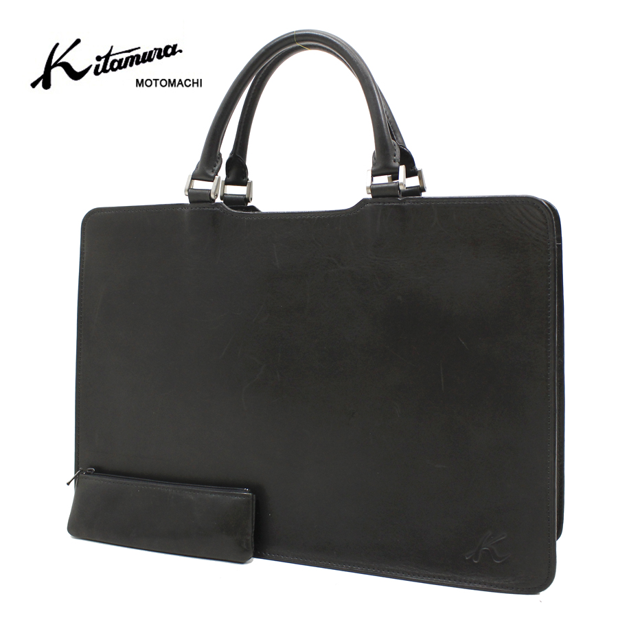 Kitamura MOTOMACHI キタムラ 横浜元町 本革レザー ビジネスバッグ ブリーフケース ペンケース付き 黒(かばん、バッグ ...