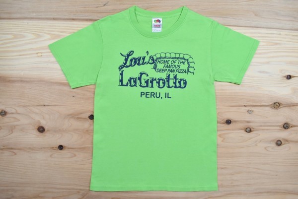 USA古着 Lou's LaGrotto ピザ屋 ロゴ Tシャツ sizeS 黄緑 両面プリント 企業 飲食 店 Pizza イリノイ ...
