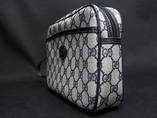 1円 GUCCI グッチ ロゴ 014 58 0128 PVC×レザー セカンドバッグ クラッチバッグ ポーチ ネイビー系 C6162iO ...