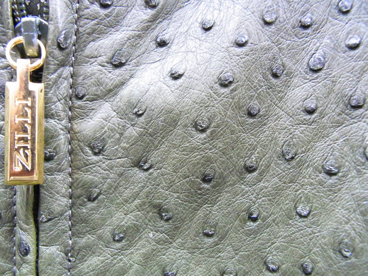 ジリ ZILLI 最高級 オーストリッチレザー ブルゾン フルポイント 毛皮襟 USED モスグリーン Made in France(Lサイズ ...