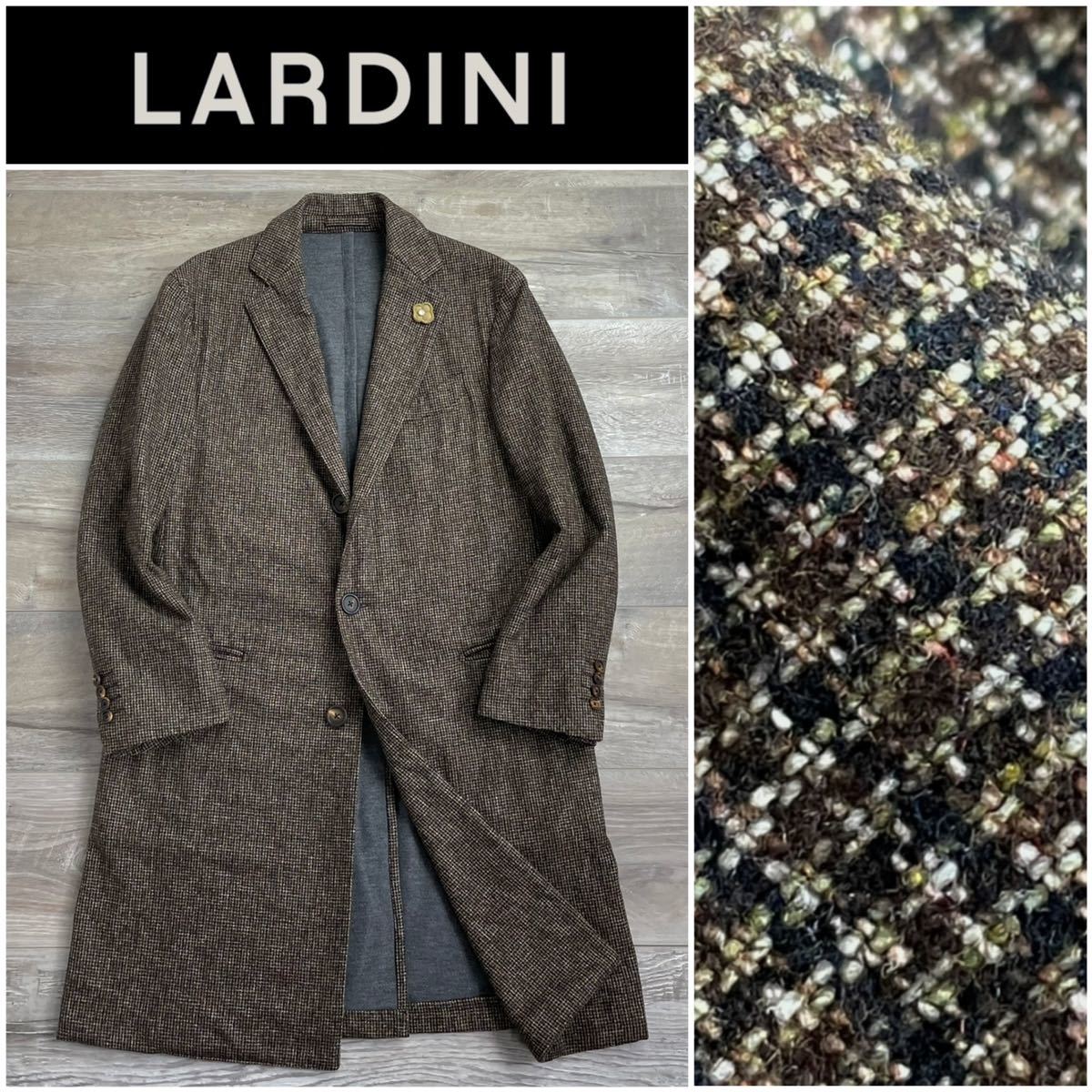 1円 LARDINI シングル チェスター コート ラルディーニ R327 50 48 L ブラウン ネイビー ホワイト ハウンドトゥース ...