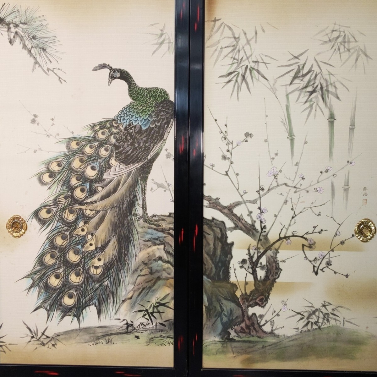 ＜引取限定i890＞襖絵 ふすま 4枚セット 松竹梅 孔雀 印刷 漆 扉 古民家 建具 和風 引き戸 時代建具 アンティーク 時代物(建具 ...