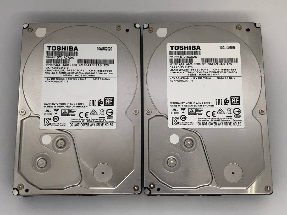 2TB×2セット 東芝 DT01ACA200 使用時間:624h&624h 3.5インチ内蔵HDD 2.0TB SATA 正常品 ...