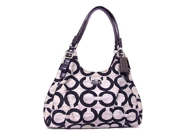 1円 COACH コーチ 17020 マディソン オプアート シャンタンマギー キャンバス SV金具 ハンドバッグ ショルダー ブラック系 ...