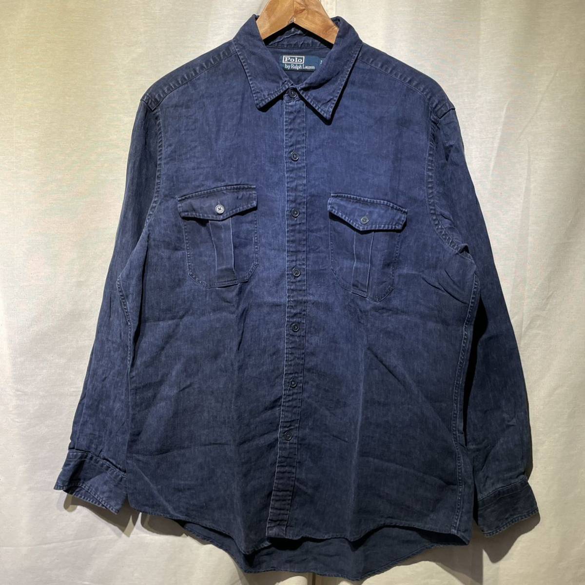 90s Ralph Lauren インディゴ リネンシャツ ビンテージ / RRL オープンカラー デニム brooks brothers ll bean comoli auralee 80s ...
