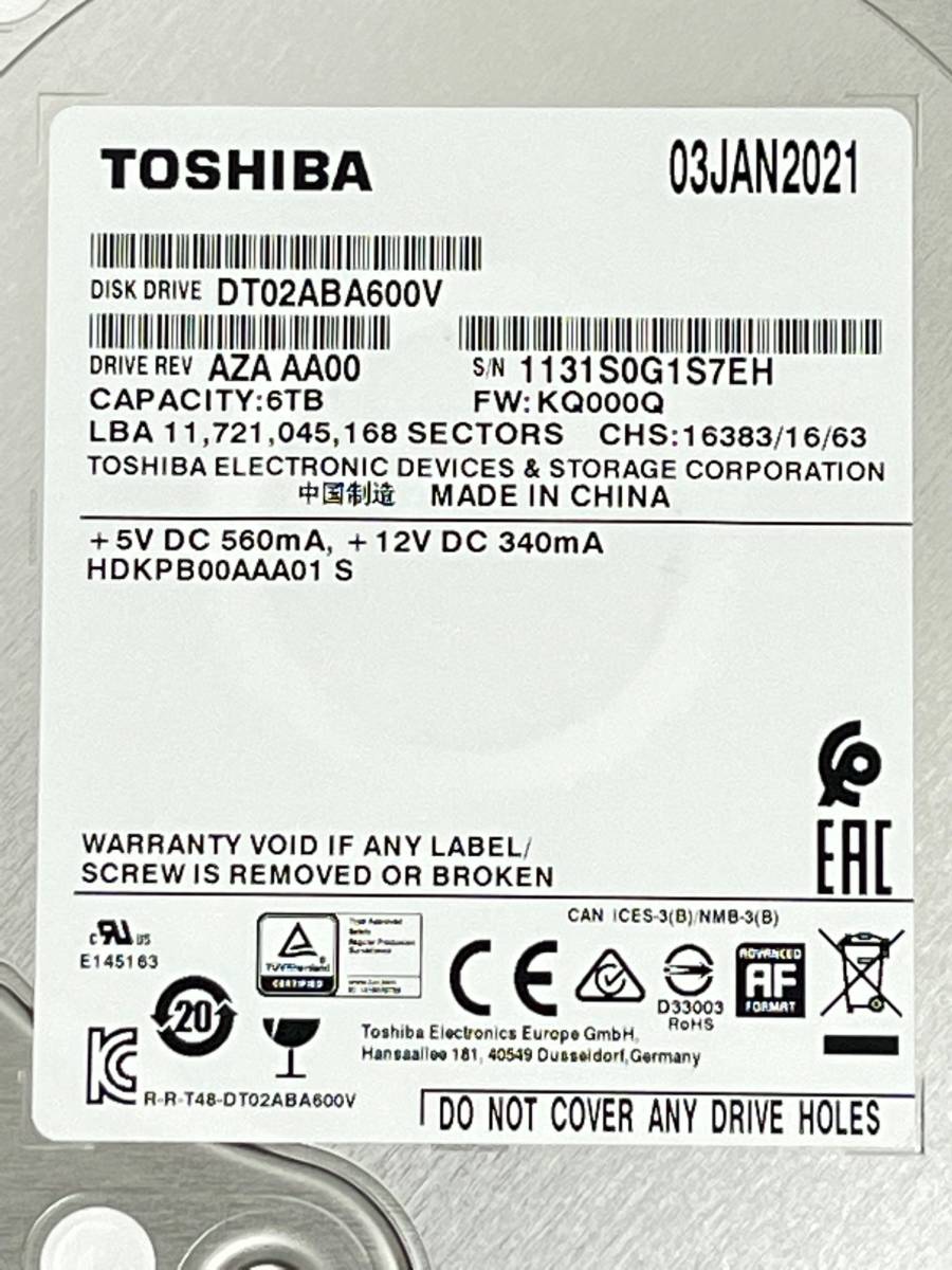 6TB 東芝 / DT02ABA600V 使用時間：35h 3.5インチ 内蔵 HDD SATA600/5400rpm DT02-Vシリーズ ...