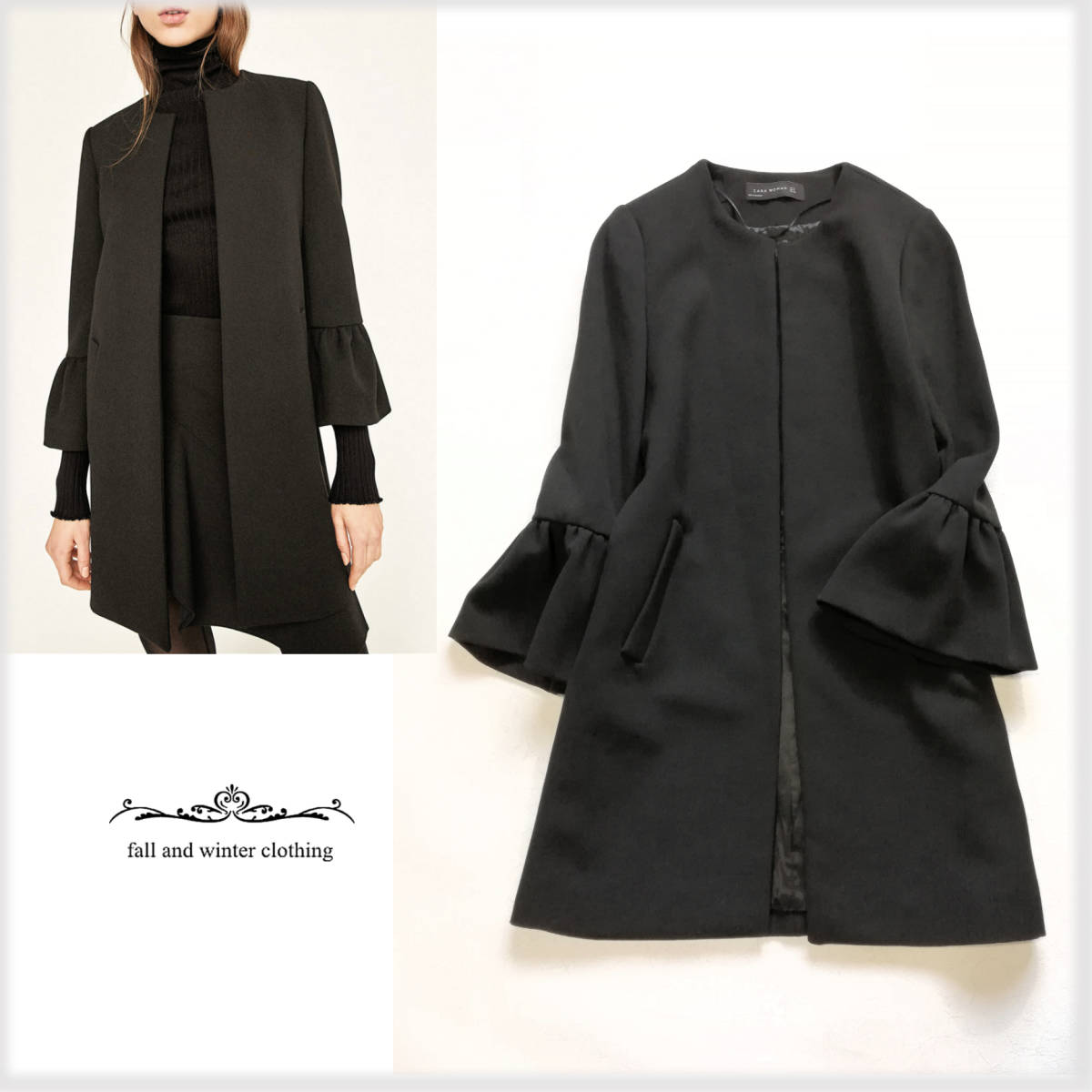 ZARA WOMAN ザラ 大人可愛い フリルスリーブ ノーカラーコート ブラック/黒M レディース ロング ジャケット S19(コート)｜売買されたオークション情報、yahooの商品情報を ...