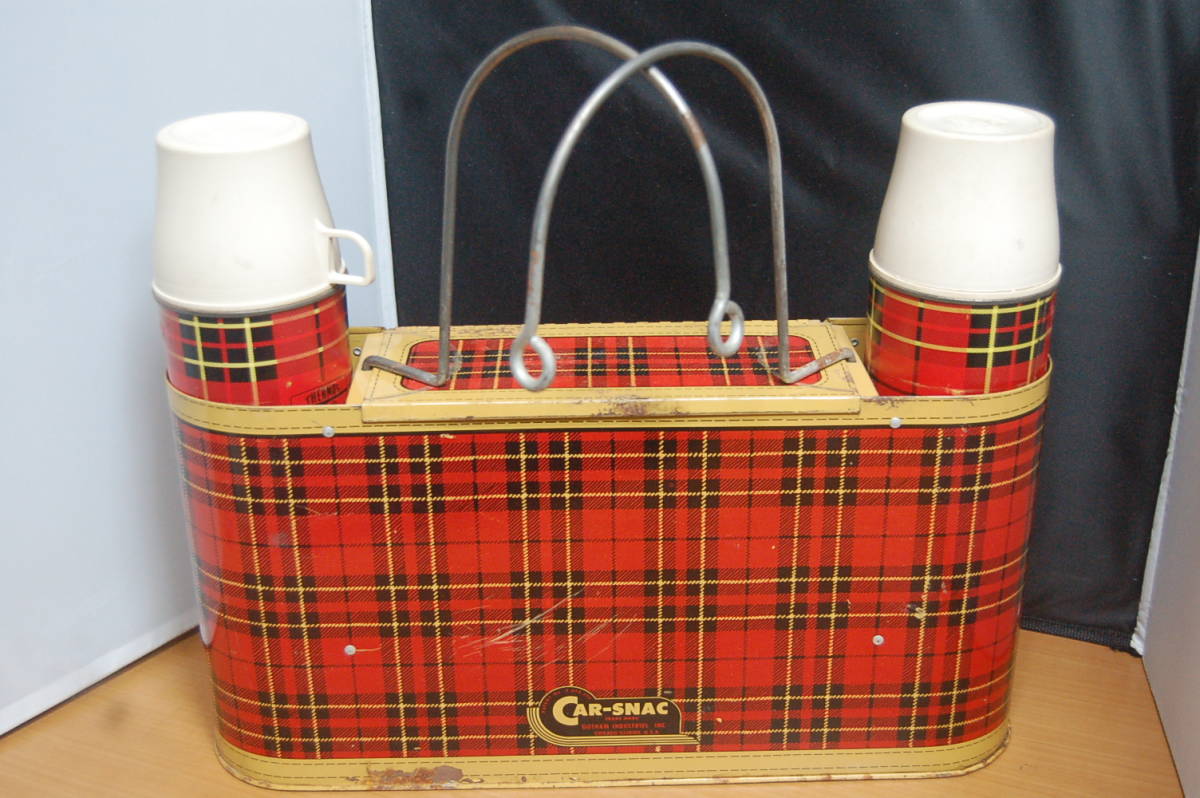 CAR SNAC サーモス ランチ ボックス ビンテージ レッド プレイド ピクニック ランチボックス 魔法瓶ボトル 1950s 品y0093 ...