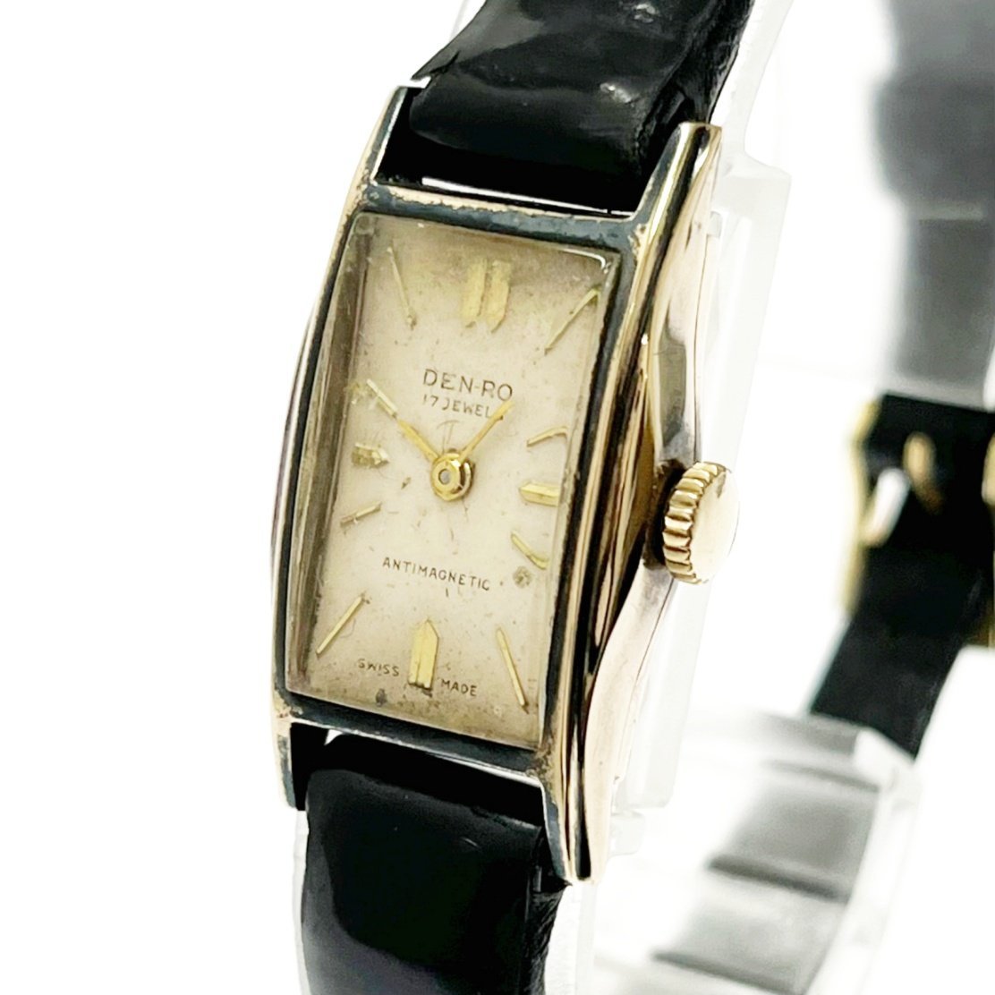 1円スタート アンティーク DENRO デンロ 17石 18K刻印 スクエア 手巻き レディース腕時計 175810(アナログ（手巻き ...