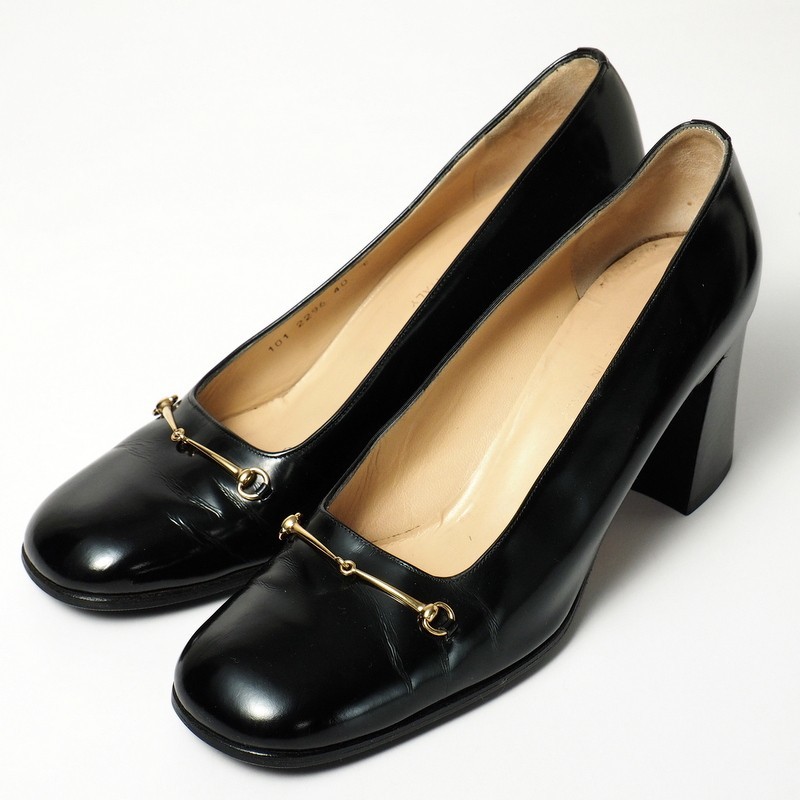 GO0191 イタリア製 GUCCI グッチ パテントレザー ホースビット チャンキーヒール パンプス 40C 25.5cm相当 靴 ブラック(パンプス)｜売買されたオークション情報 ...