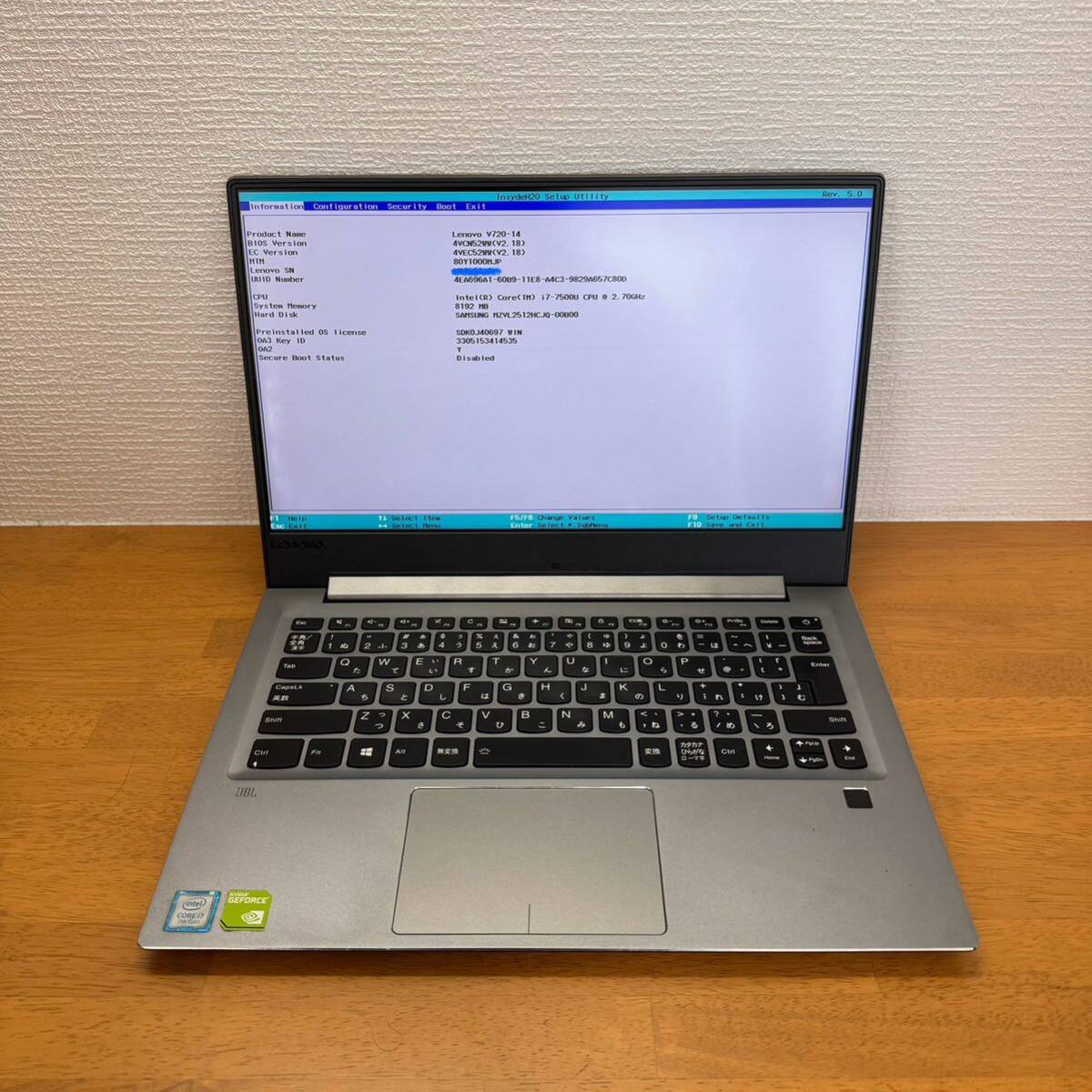 1円スタート Lenovo V720-14 Core i7-7500U NVIDIA 8GBメモリ 512GBSSD 電源ON BIOS起動 ...