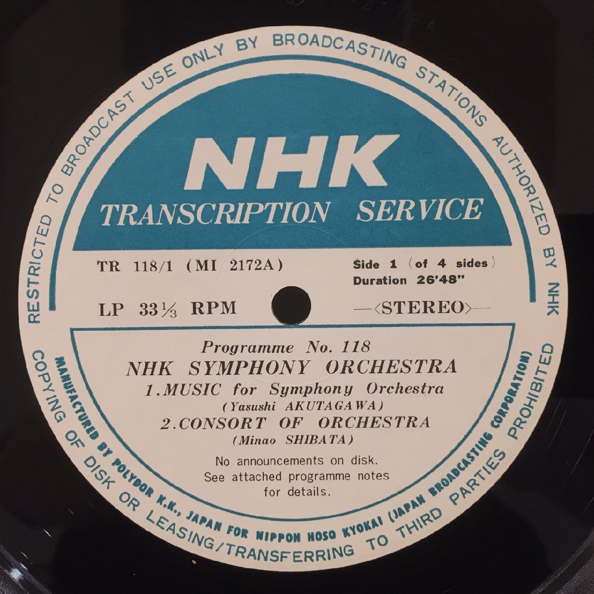 LP NHK TRANSCRIPTION PROGRAMME No. 118 NHK SYMPHONY ORCHESTRA HIROSHI WAKASUGI YASUSHI AKUTAGAWA ...