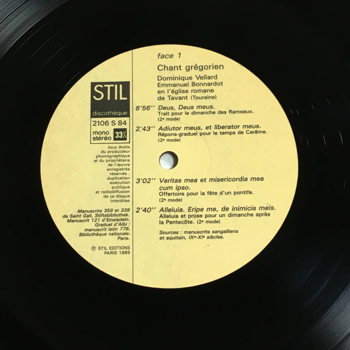 マイナー高音質 盤 仏盤 STIL 2106 S 84 DOMINIQUE VELLARD EMMANUEL BONNARDOT/VERITAS MEA:CHANT GREGORIEN 音像 ...