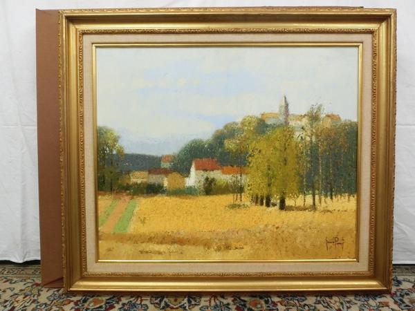 E04751 ジェラール パセ Gerard Passet Village a la colline 油彩 F20 額装 フランス画家(自然 ...