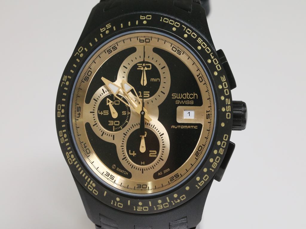 可動品 SWATCH/スウォッチ 自動巻き クロノグラフ サファイアガラス スイス ブラック×ゴールド レザーベルト メンズ腕時計 ヨ942 ...
