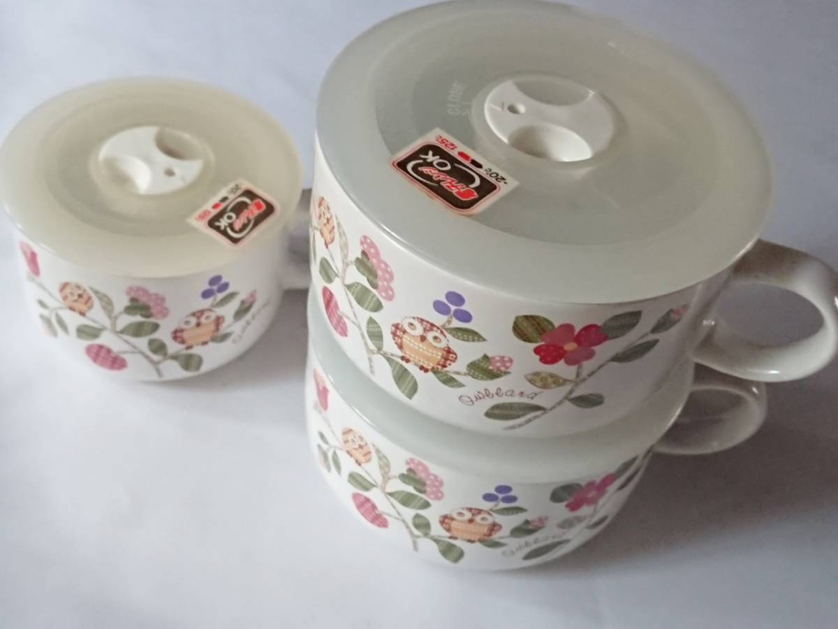 エジリー EJIRY JAPAN 容器 4個セット フクロウの楽園 レンジ用密封容器 大 直径約133㎜ 中 約103㎜ 小80㎜ 2220 ...