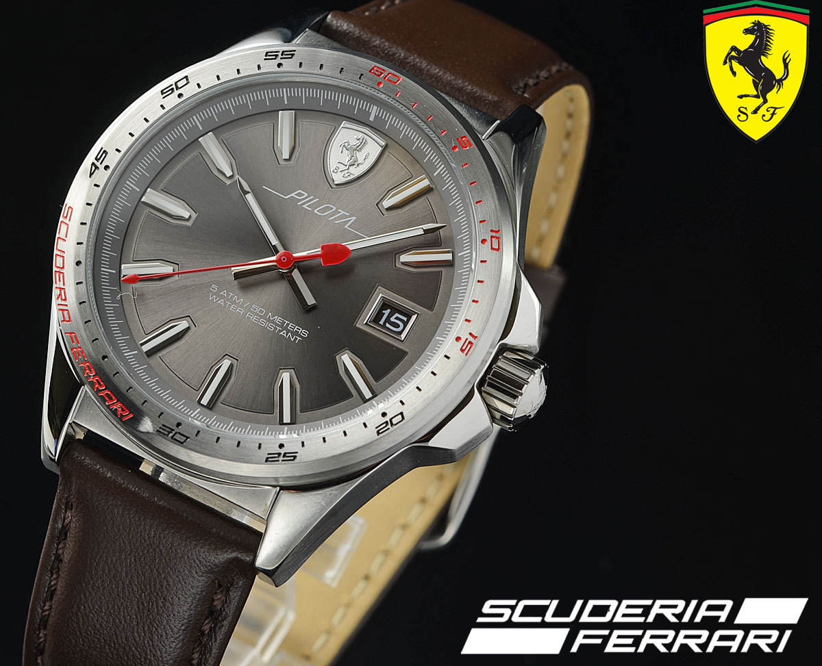 1円開始 フェラーリ公式時計 50m防水スクーデリアSCUDELIA FERRARI グレイッシュシルバー PILOTA 腕時計 MOVADO ...