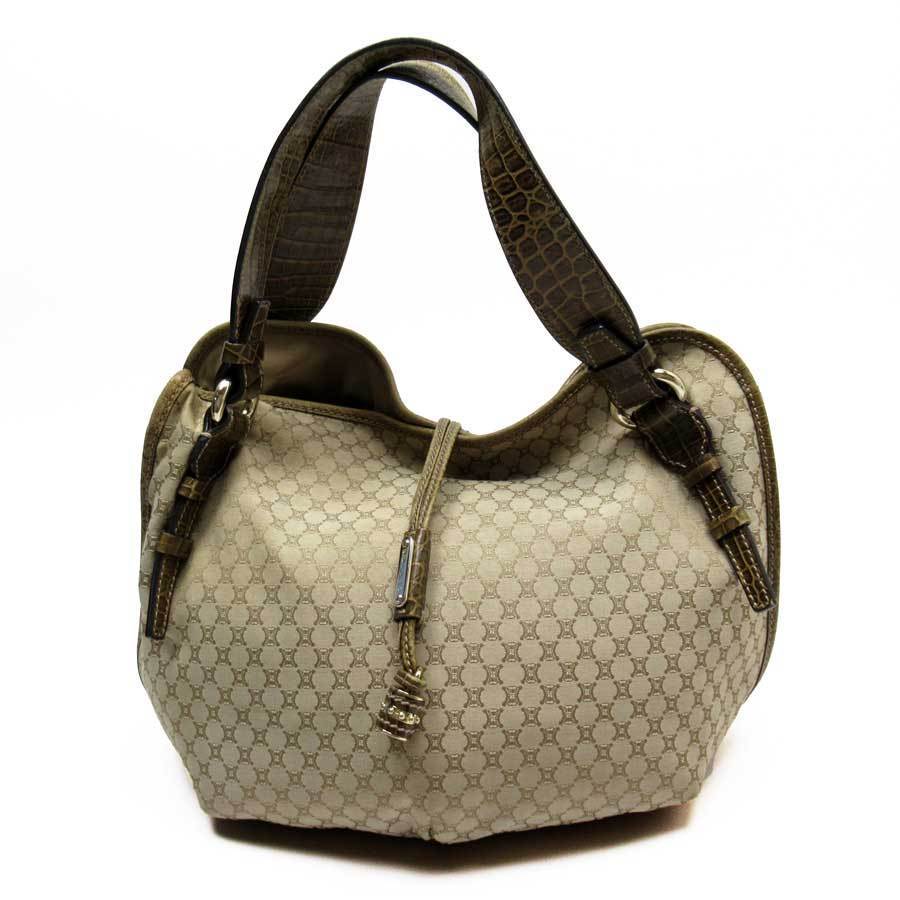 CELINE セリーヌ ショルダーバッグ マカダム キャンバスxクロコ調レザー ベージュxブラウンxゴールド h22724(ショルダーバッグ ...