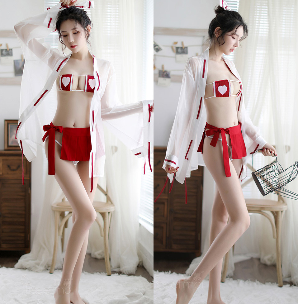 n599 超セクシー 悩殺 巫女風衣装 ランジェリー ガウン ブラ スカート 髪飾り ショーツ5点セット ベビードール コスプレ エロ可愛い ...