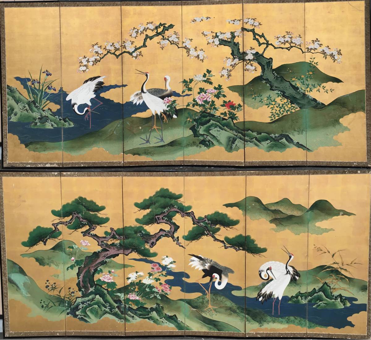 Jul【172】 江戸時代 花鳥図屏風 丹頂 六曲一双 絹本濃彩 細密大幅画