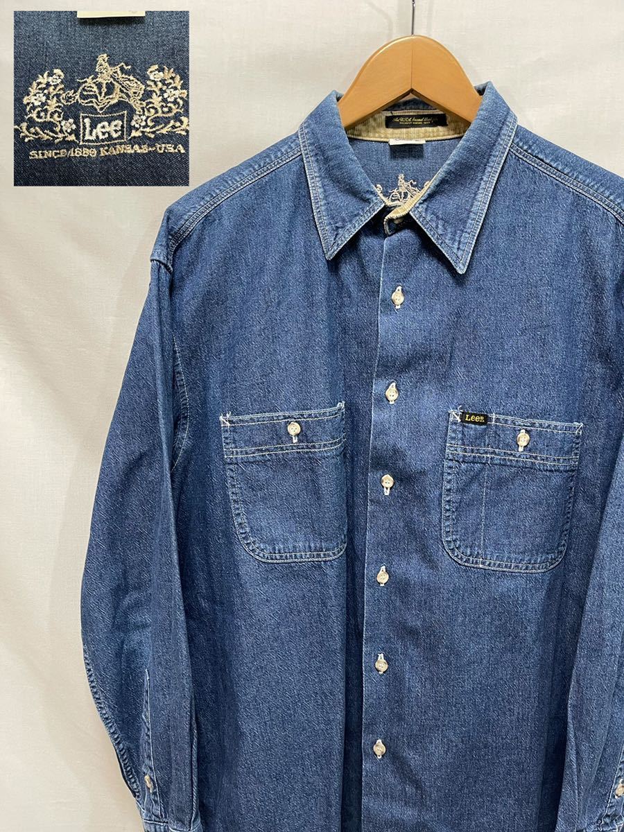 Lee founded kansas 1889 デニムシャツ 長袖シャツ 胸ポケット ロゴ ワッペン 首回り裏地コーデュロイ ワーク 古着 L ...