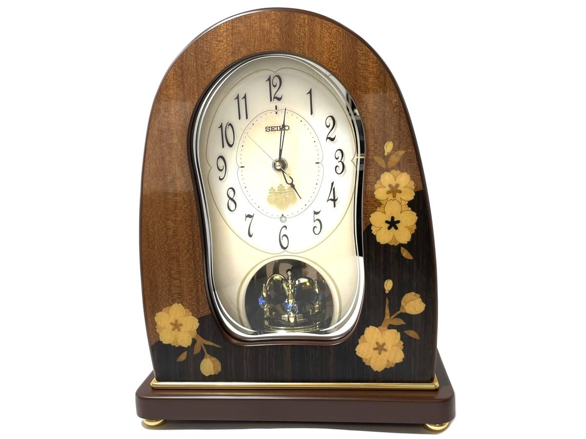 SEIKO/セイコー HW927B 桜文様木嵌枠電波置時計 内閣総理大臣贈 象嵌細工 3針 桐紋 メロディー6曲 電波時計 置時計 インテリア ...